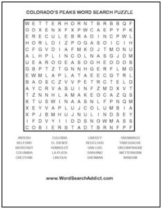 Colorado’s Peaks Printable Word Search Puzzle | Word Search Addict