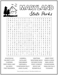 Maryland State Parks Printable Word Search | Word Search Addict