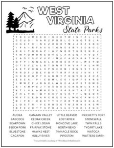 West Virginia State Parks Printable Word Search | Word Search Addict