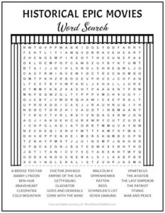 Historical Epic Movies Printable Word Search Puzzle | Word Search Addict