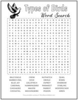 Types of Birds Printable Word Search | Word Search Addict
